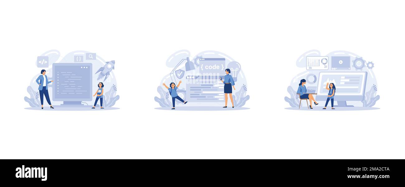 IT education web banner or landing page set. Student write software and create code for computer ...