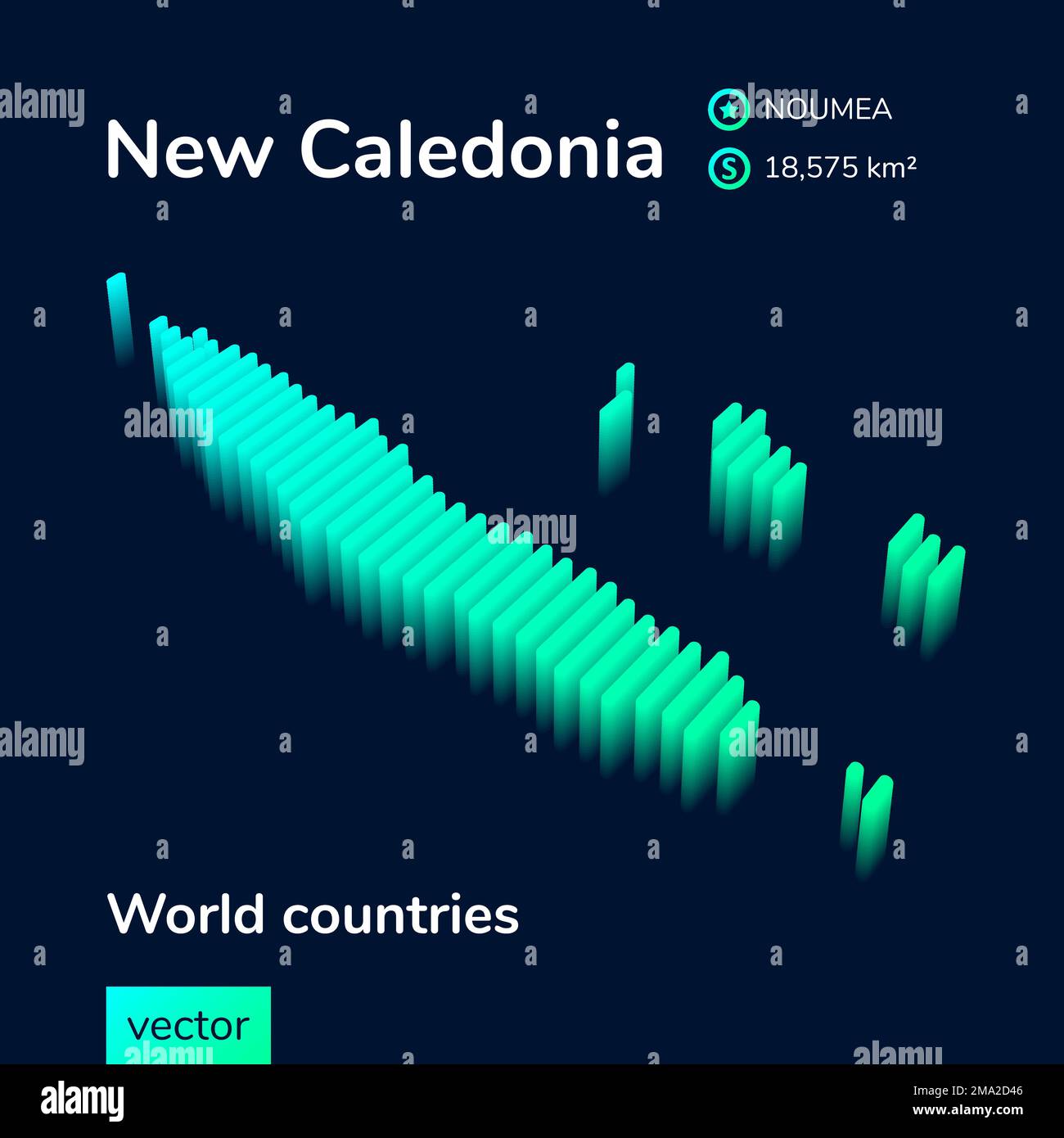 Vector 3D map of New Caledonia in green colors on the dark blue ...