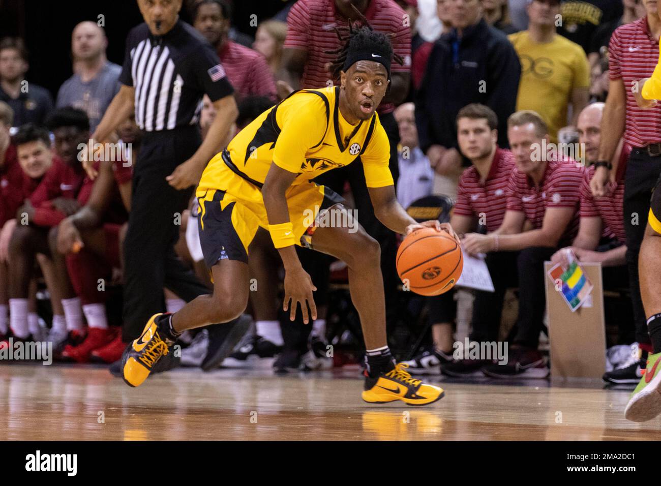 Missouri's Sean East II brings the ball up court during the first half ...