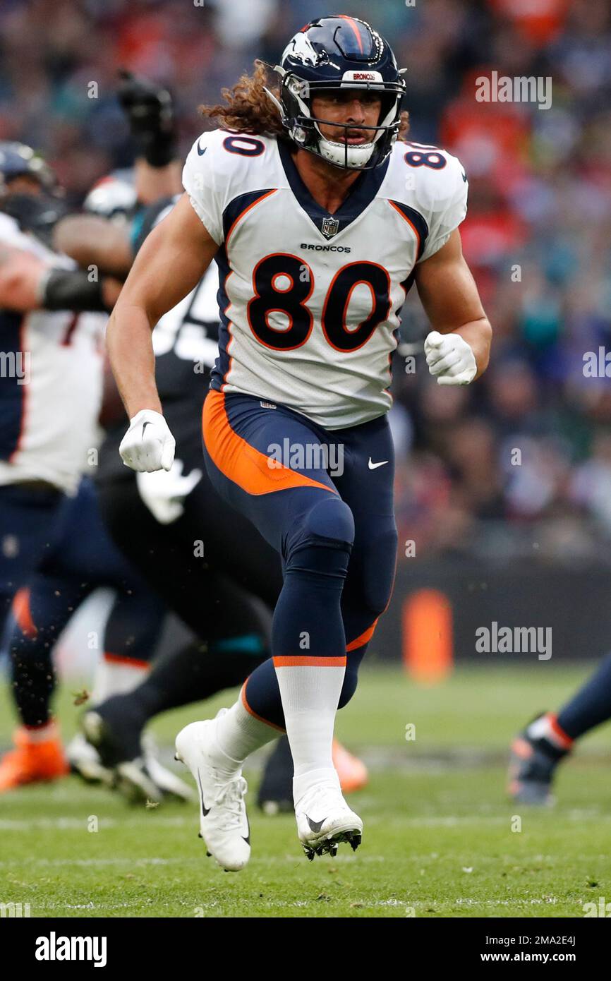 Denver Broncos tight end Greg Dulcich (80) in action during an NFL ...
