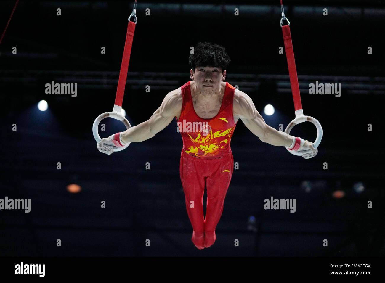 Zhang Boheng of China competes on the rings during the Artistic ...