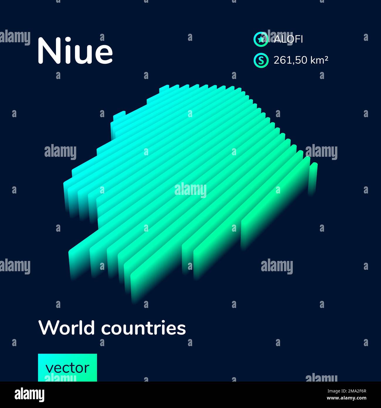 3D Map of Niue. Stylized neon isometric striped vector Niue map in ...