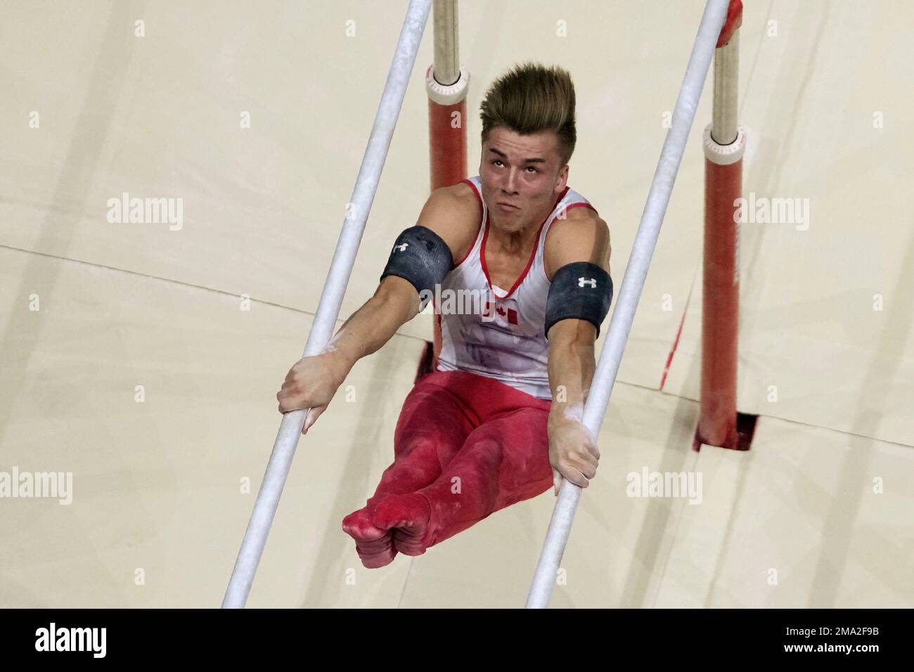 Felix Dolci of Canada competes on the parallel bars during the Artistic ...