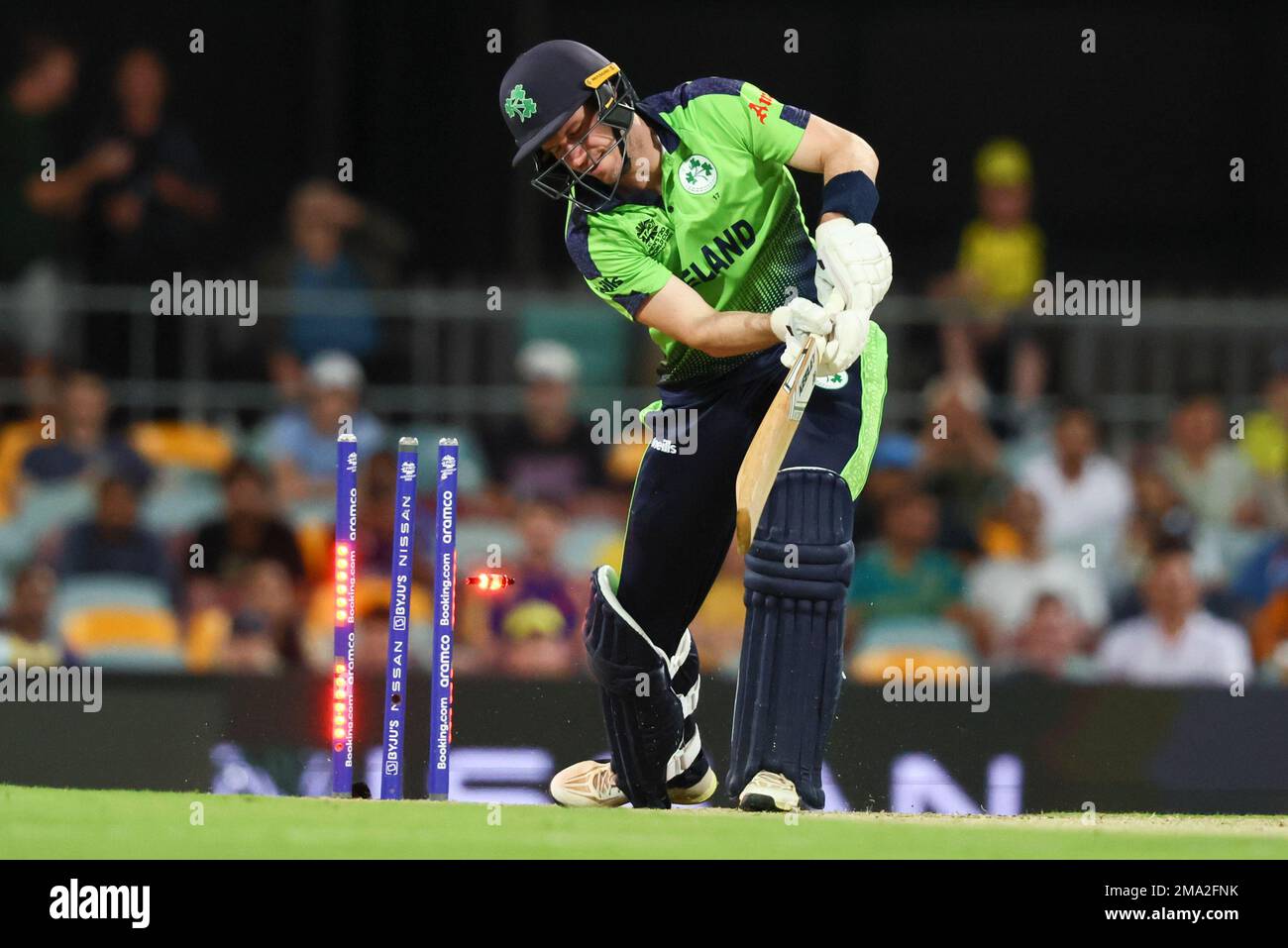 Ireland's George Dockrell is bowled by Australia's Mitchell Starc ...