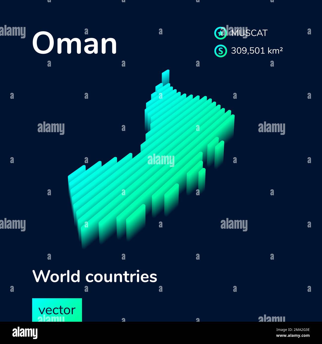 3D Map of Oman. Stylized neon simple isometric striped vector map in ...