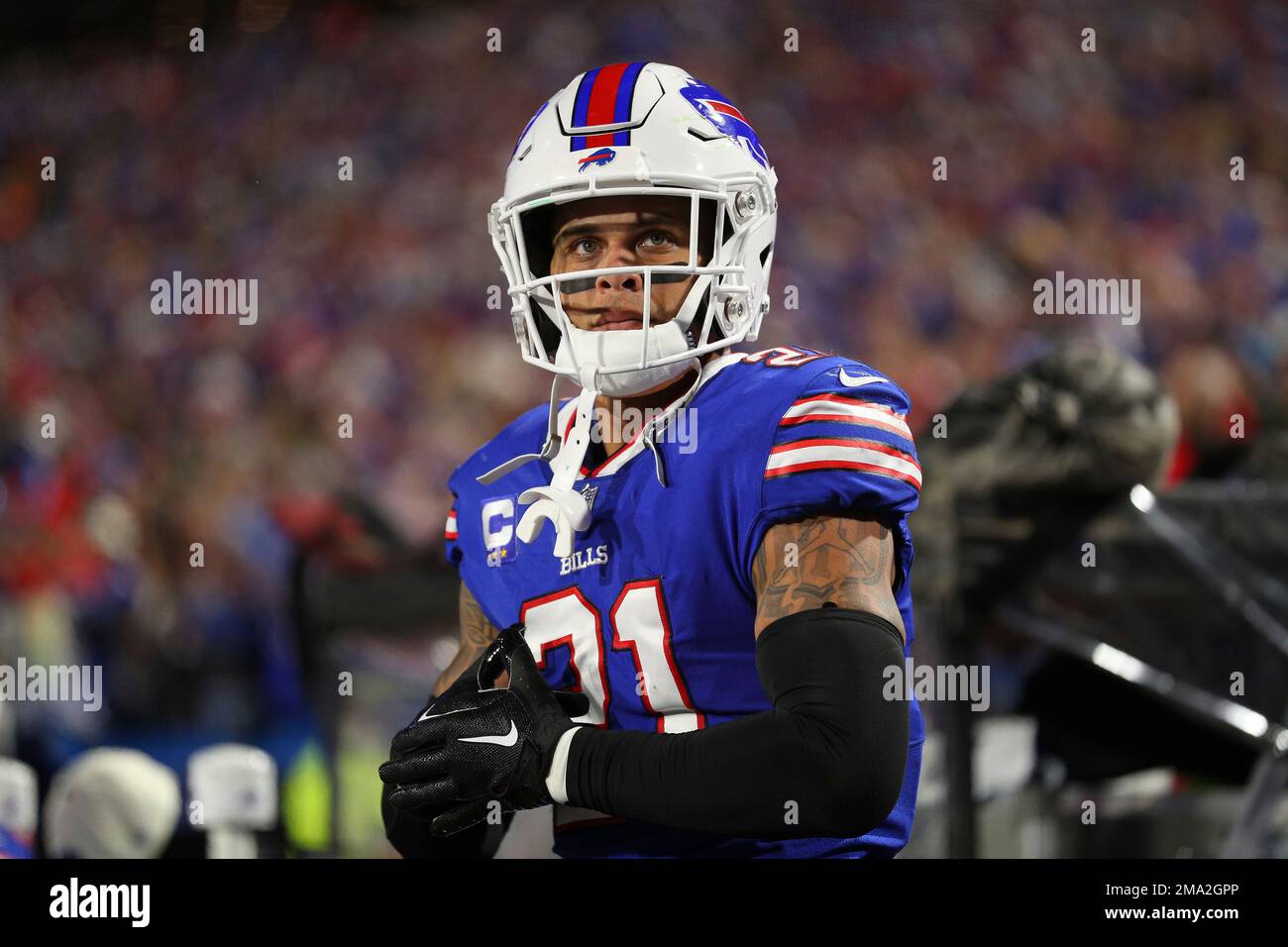 Buffalo Bills safety Jordan Poyer (21) looks on during an NFL football ...