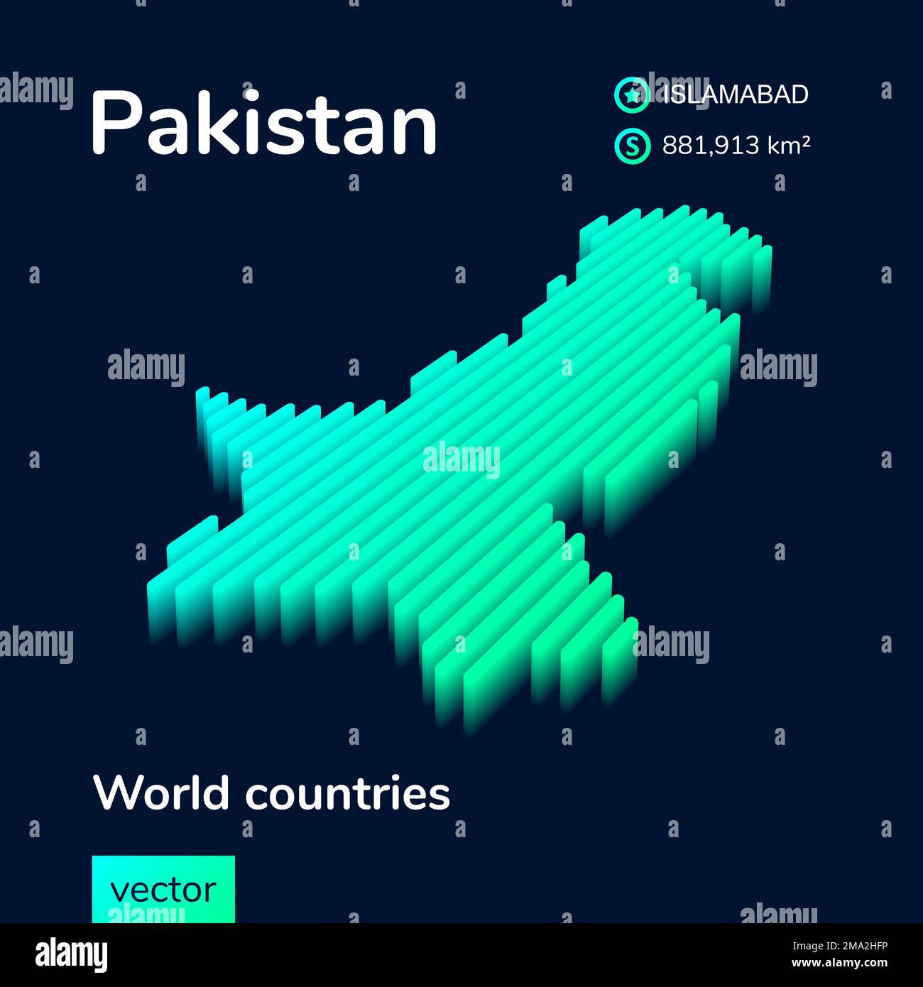 Pakistan 3D map. Stylized neon simple digital isometric striped vector ...