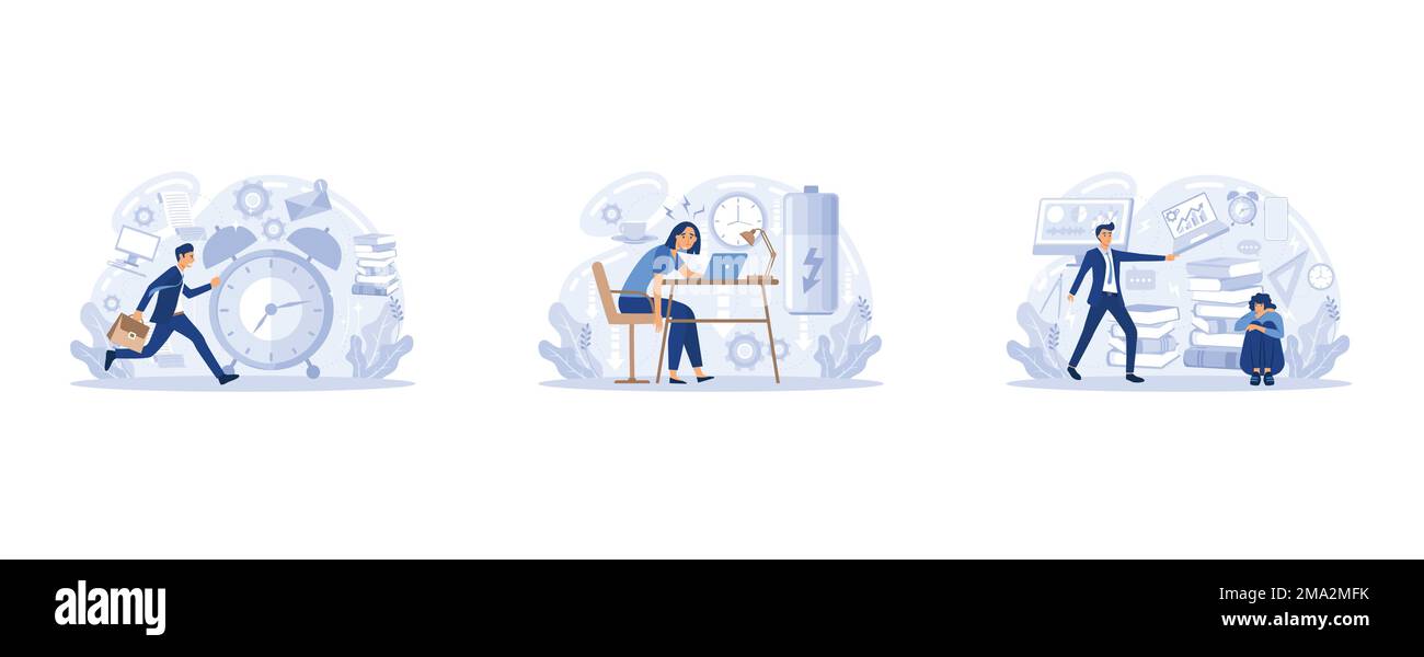 Stressed characters workload, deadline. Exhausted employees distressed ... Stressed characters workload, deadline. Exhausted employees distressed ...