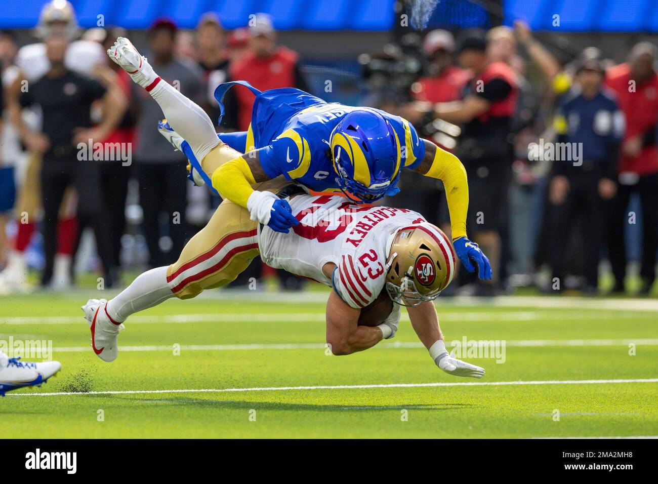 Los Angeles Rams defensive back Jalen Ramsey (5) tackles San Francisco ...