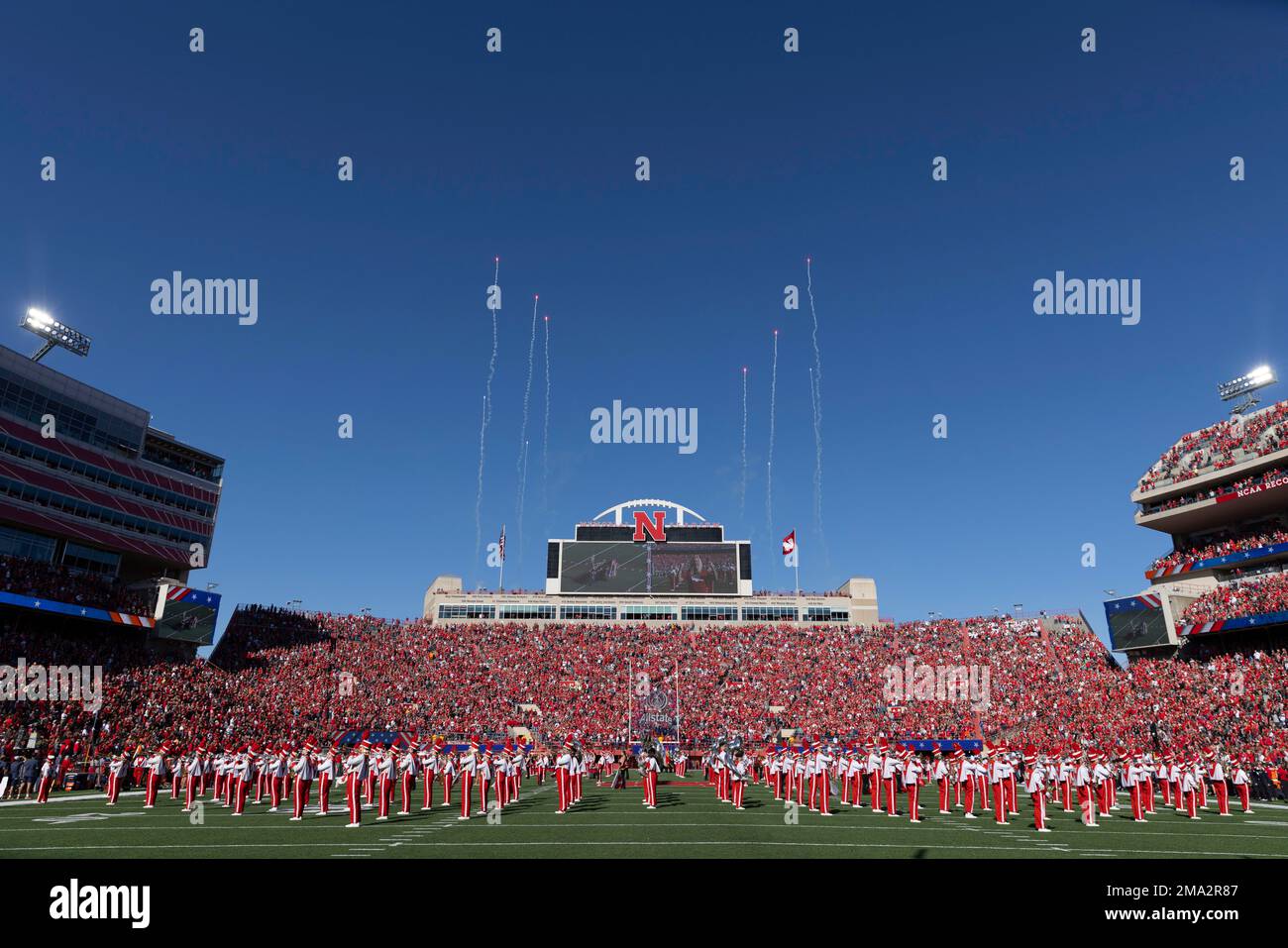 The Nebraska marching band plays the national anthem before Nebraska ...