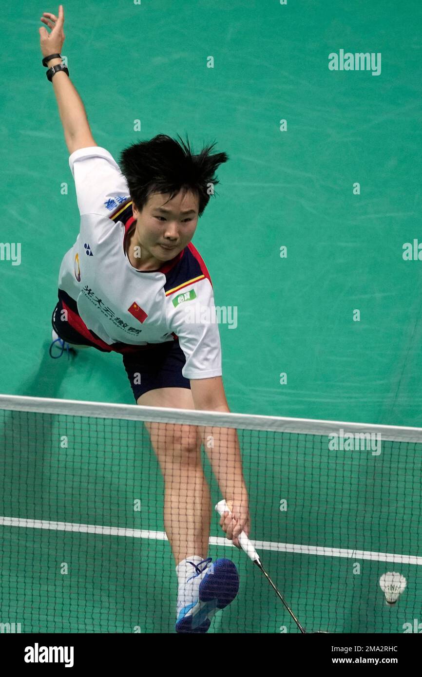 He Bing Jiao of China competes against Carolina Marin of Spain during ...