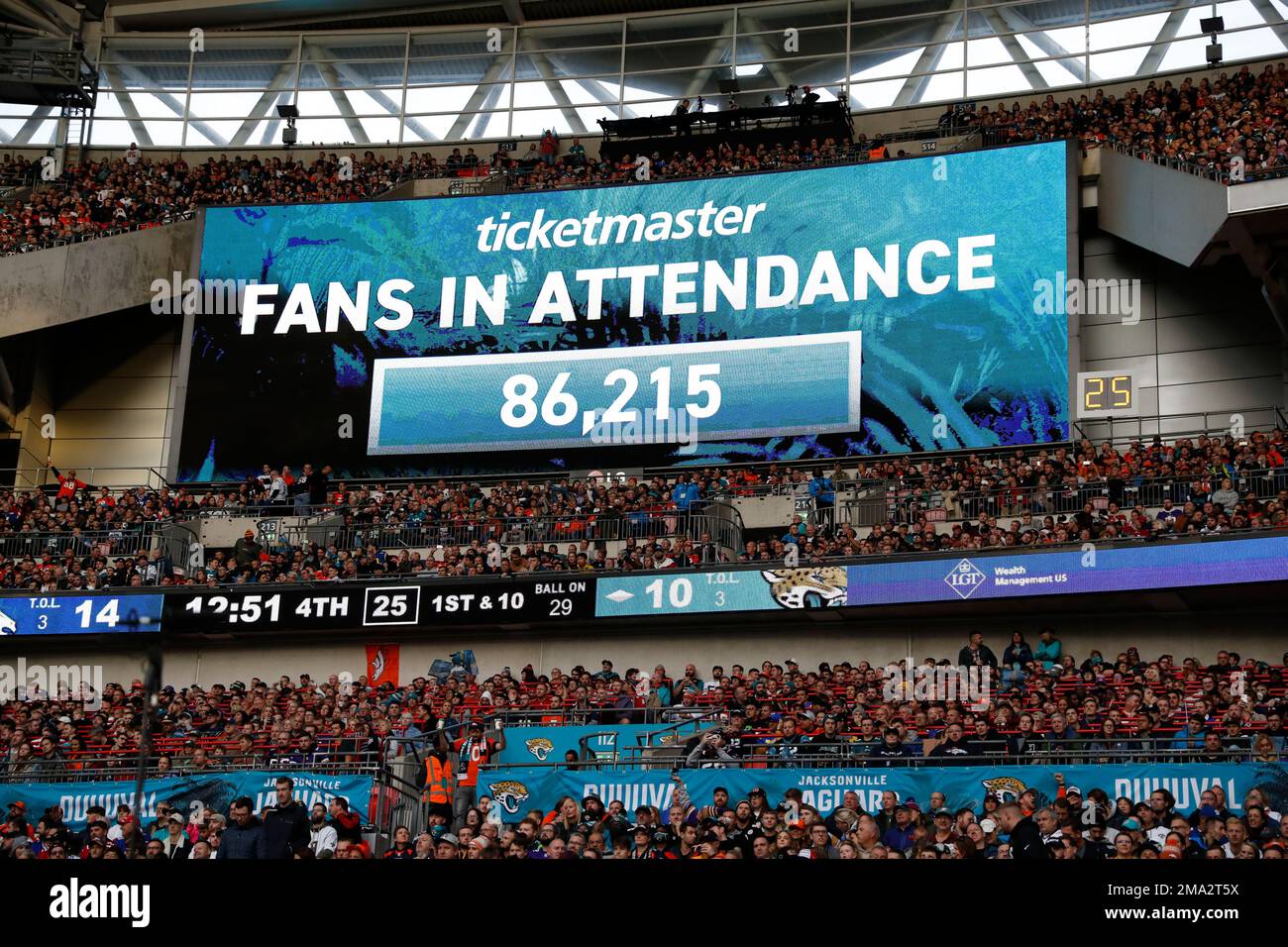 The screen displays the fan attendance during an NFL football game ...