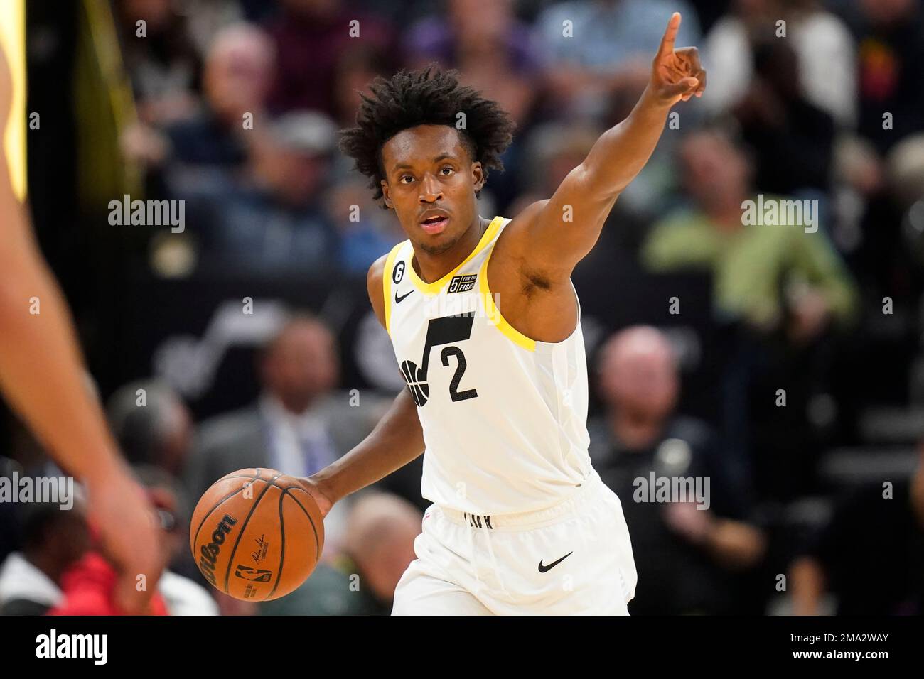 Utah Jazz guard Collin Sexton (2) brings the ball up court during the ...