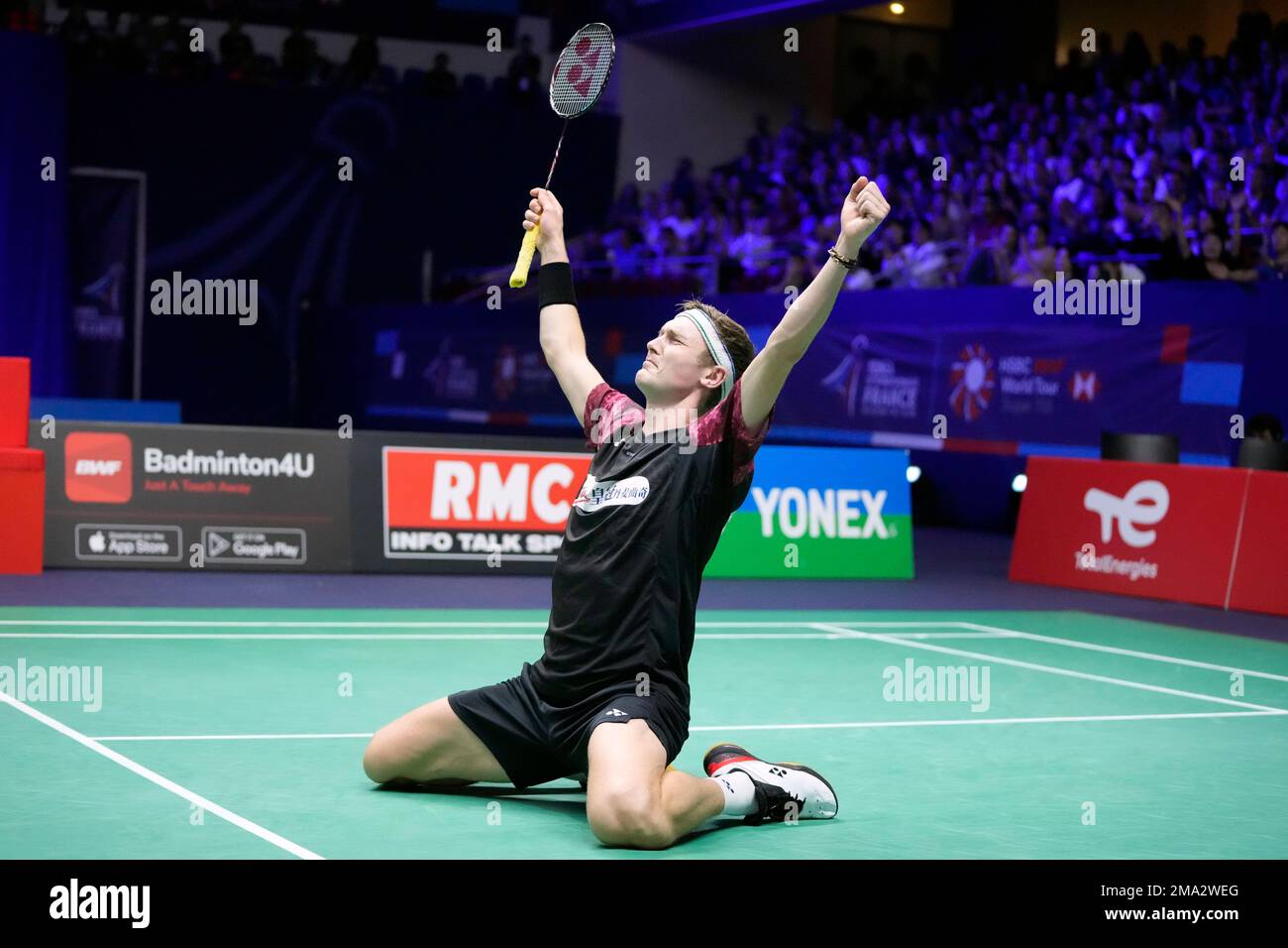 Viktor Axelsen of Denmark reacts after winning against Rasmus Gemke of ...