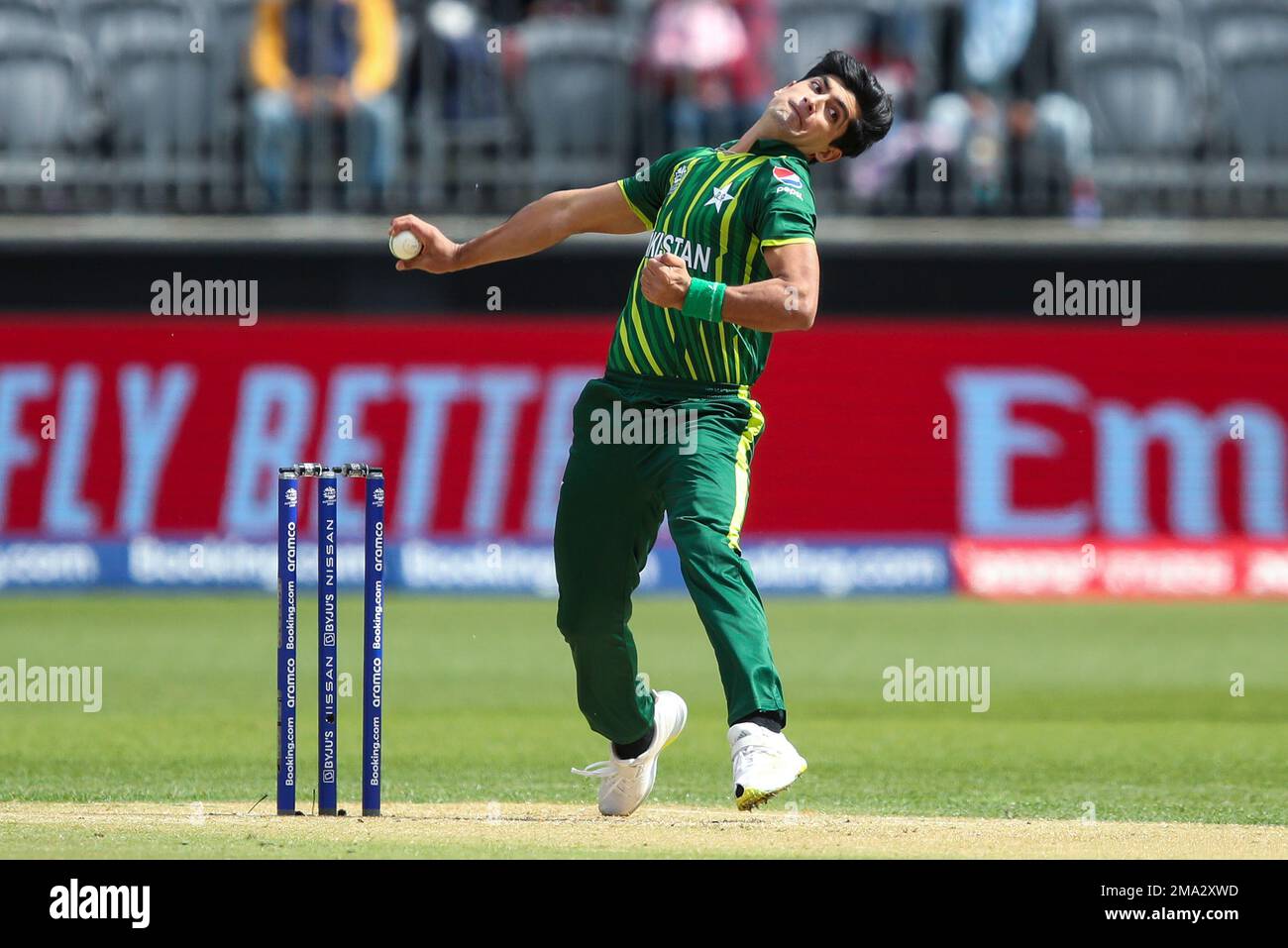 Pakistan's Naseem Shah bowls during the T20 World Cup cricket match ...