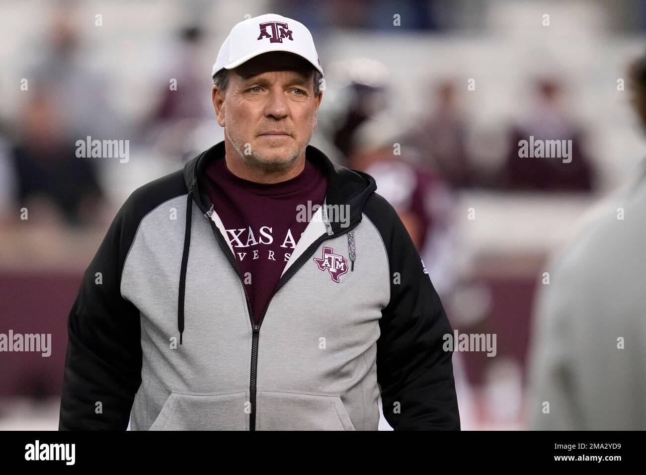 Texas A&M head coach Jimbo Fisher watches his team during warmups ...