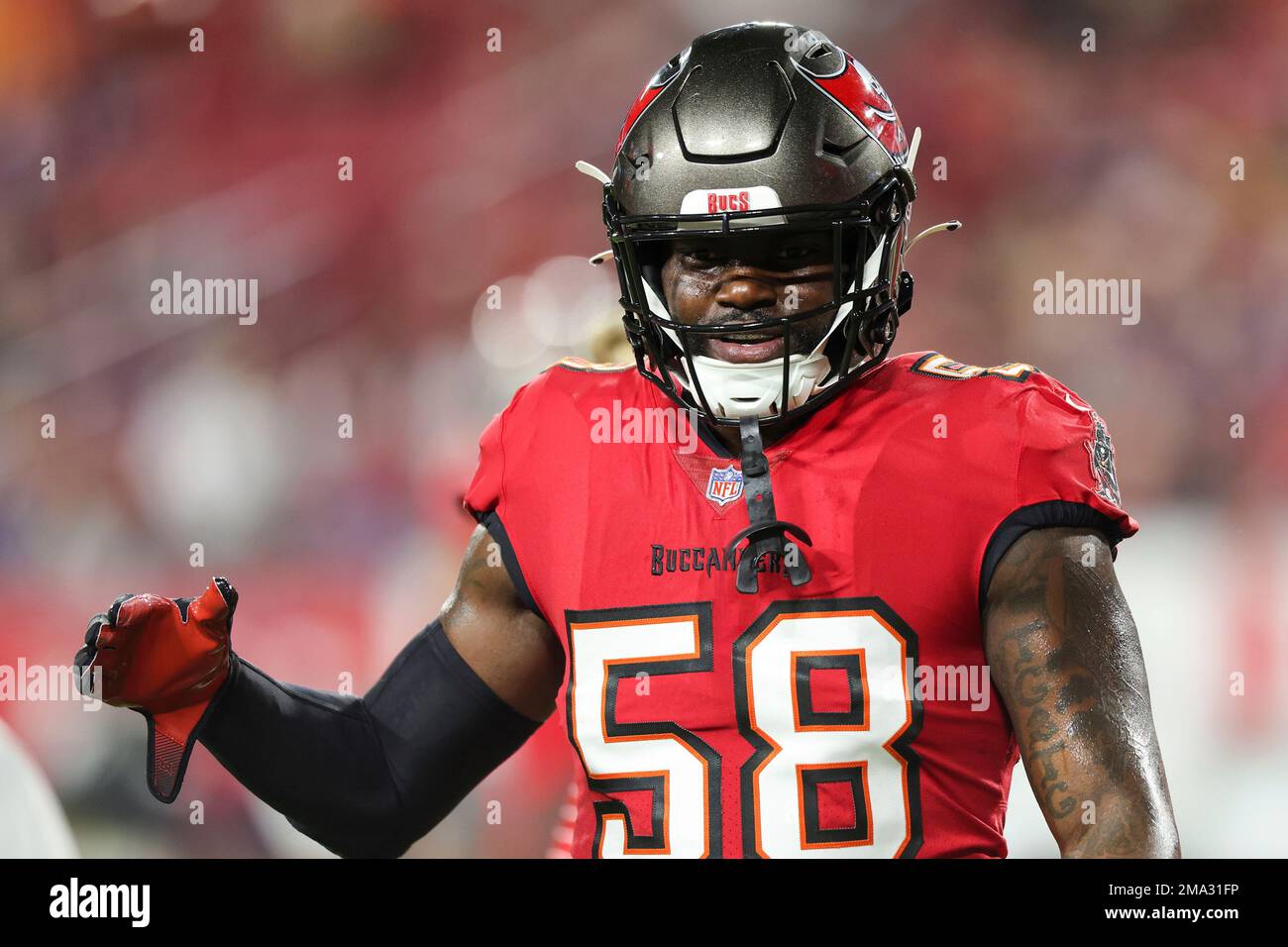 Tampa Bay Buccaneers linebacker Shaquil Barrett (58) smiles during a ...
