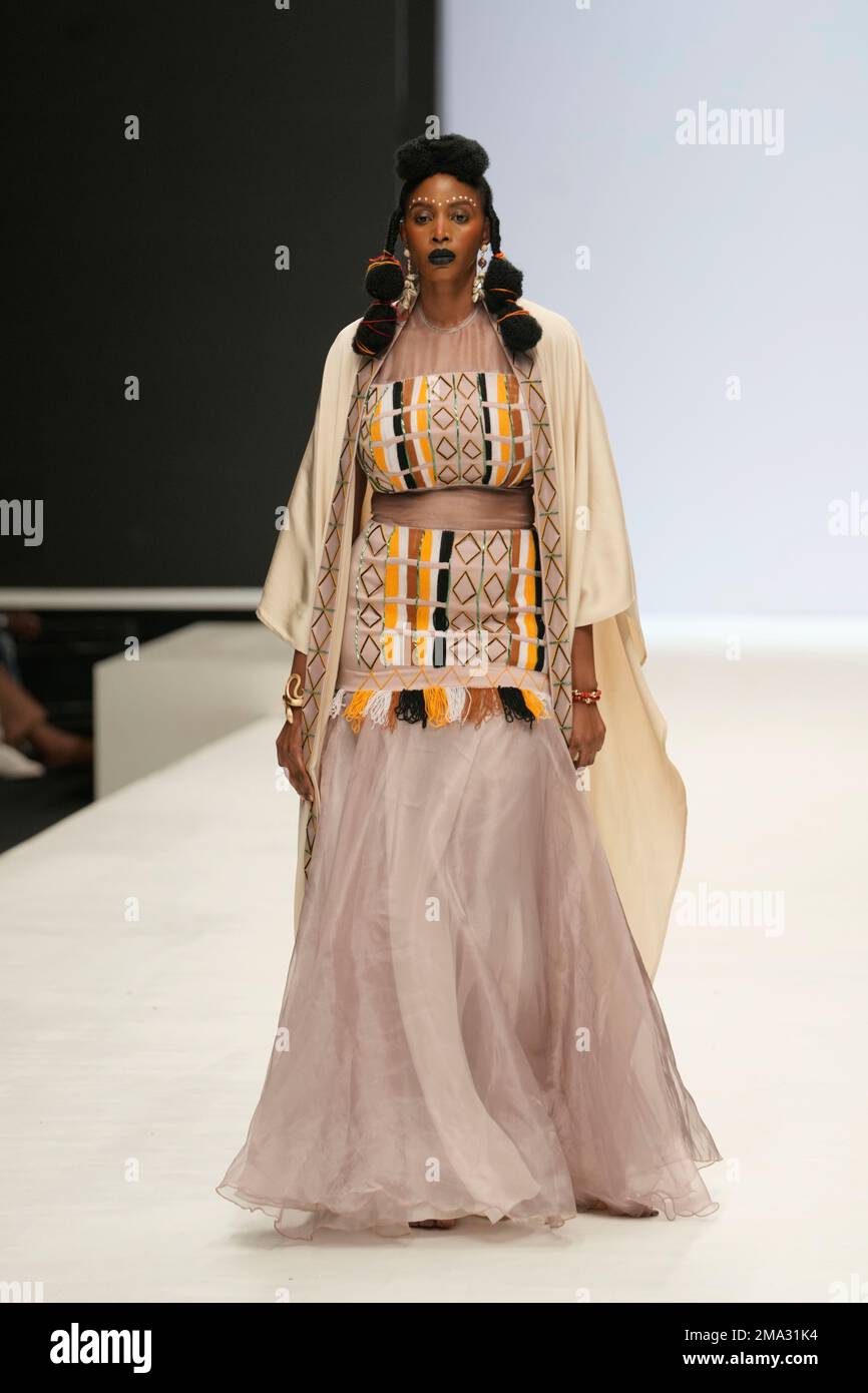 A model displays a creation by Babayo during the Heineken Fashion and ...