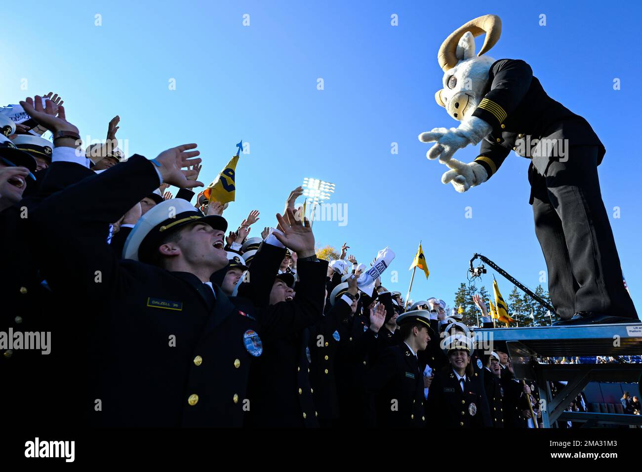 Midshipmen cheer as Navy mascot Bill The Goat gestures before an NCAA ...