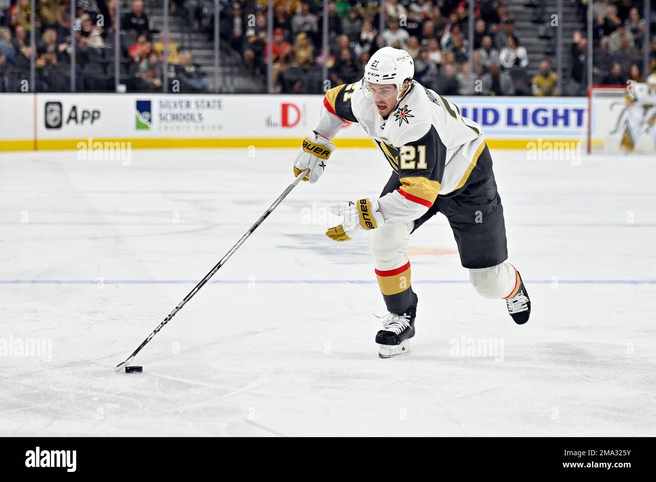 Vegas Golden Knights center Brett Howden stakes against the Anaheim ...