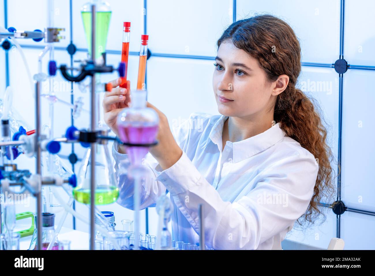girl laboratory assistant compares the contents of two test tubes in a ...