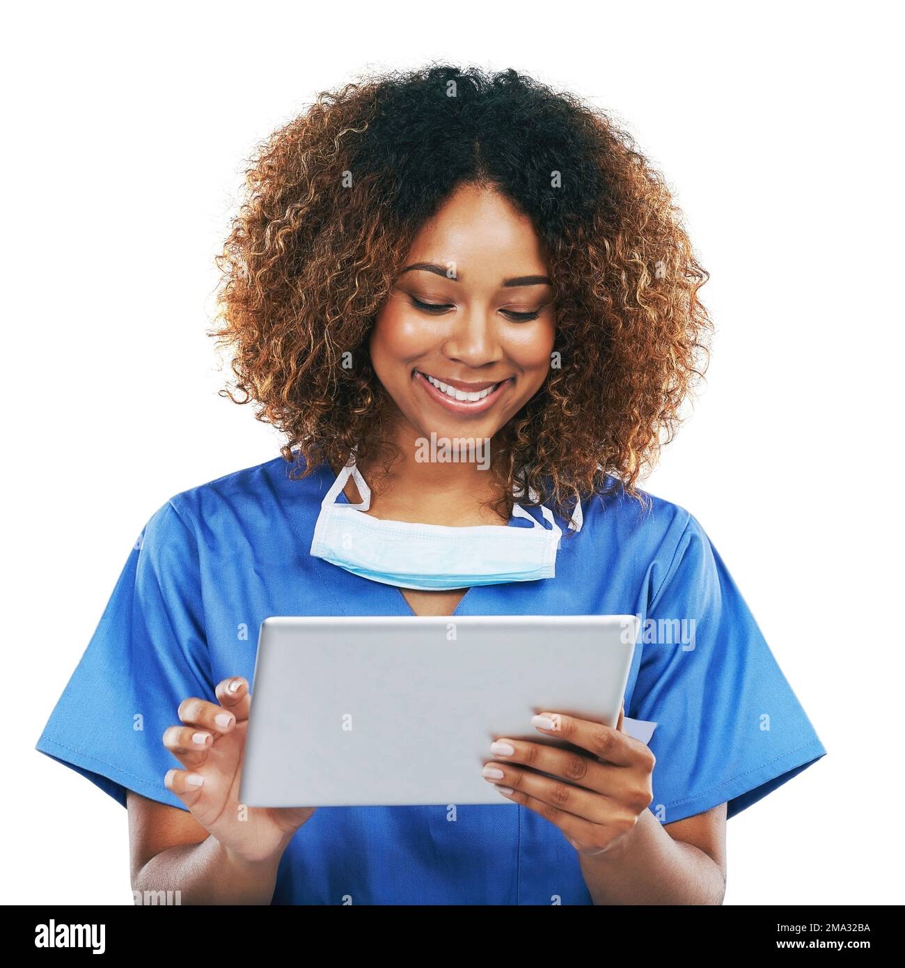 Tablet, black woman and healthcare nurse in studio isolated on white ...