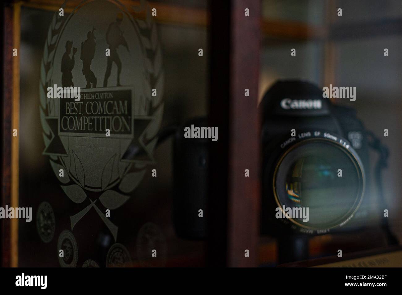 The Best Combat Camera Competition trophy is on display at the 2022 Spc ...