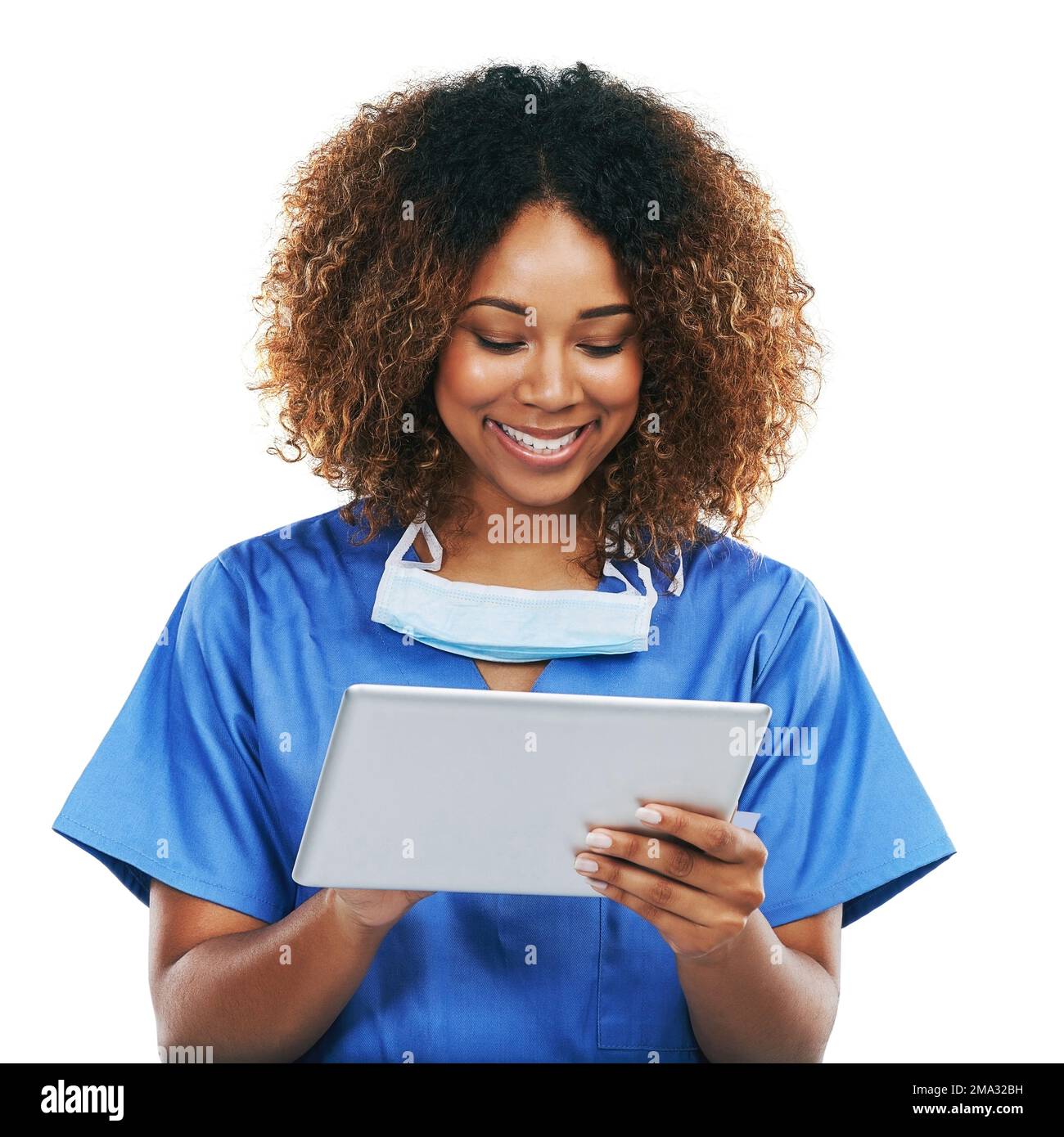 Tablet, healthcare nurse and black woman in studio isolated on a white ...