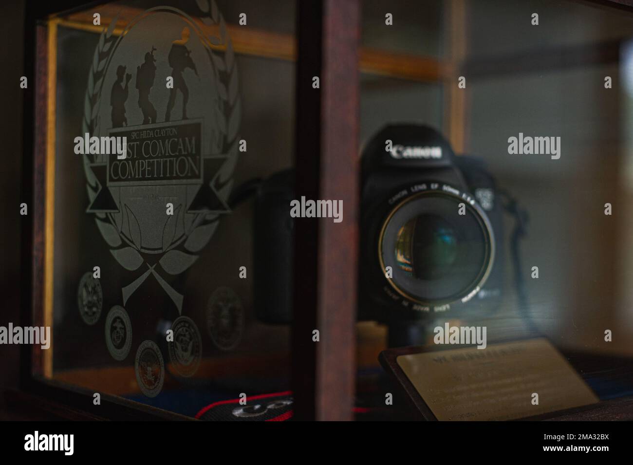 The Best Combat Camera Competition trophy is on display at the 2022 Spc ...