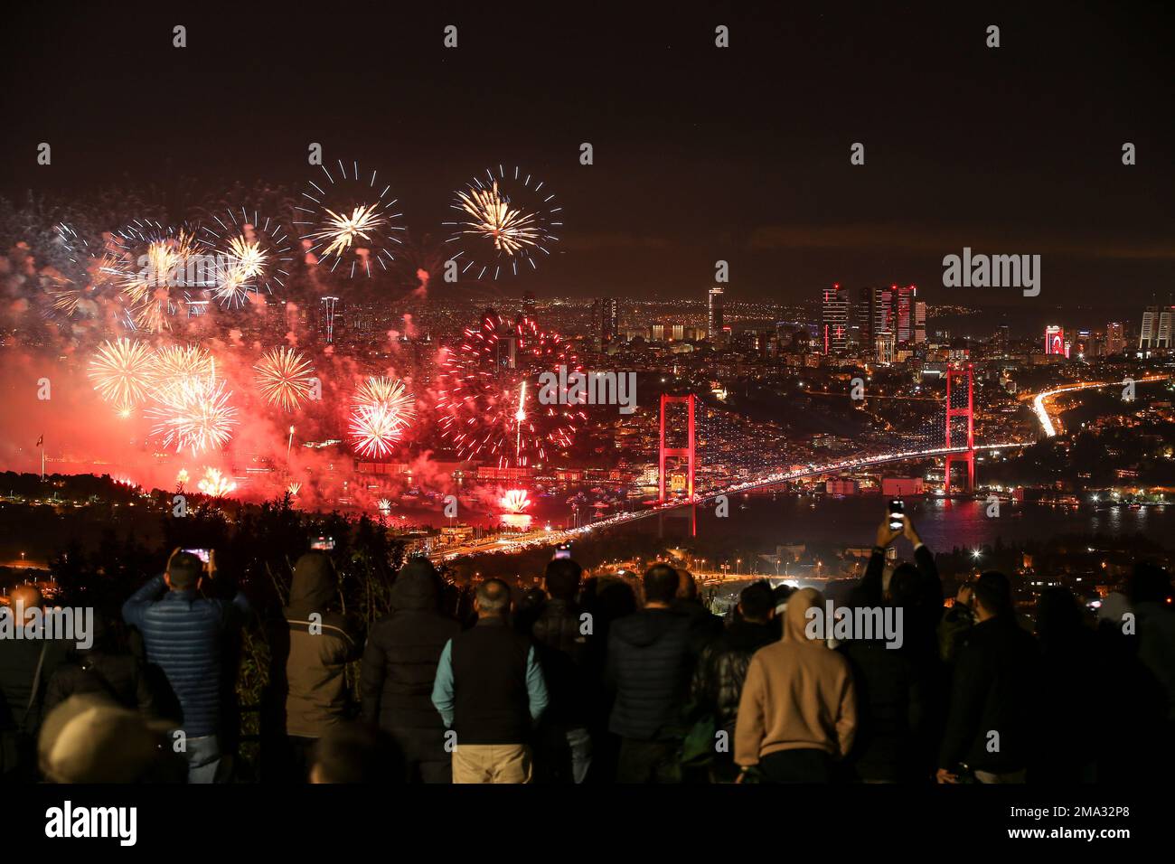 Fireworks explode at the 15th of July Martyrs' bridge marking ...