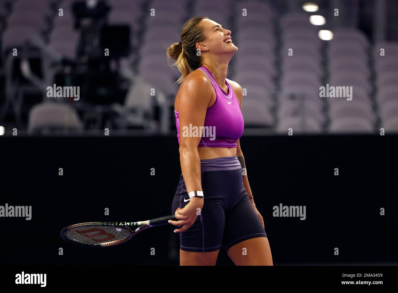 Aryna Sabalenka, of Belarus, reacts during practice at the WTA Finals tennis tournament in Fort ...