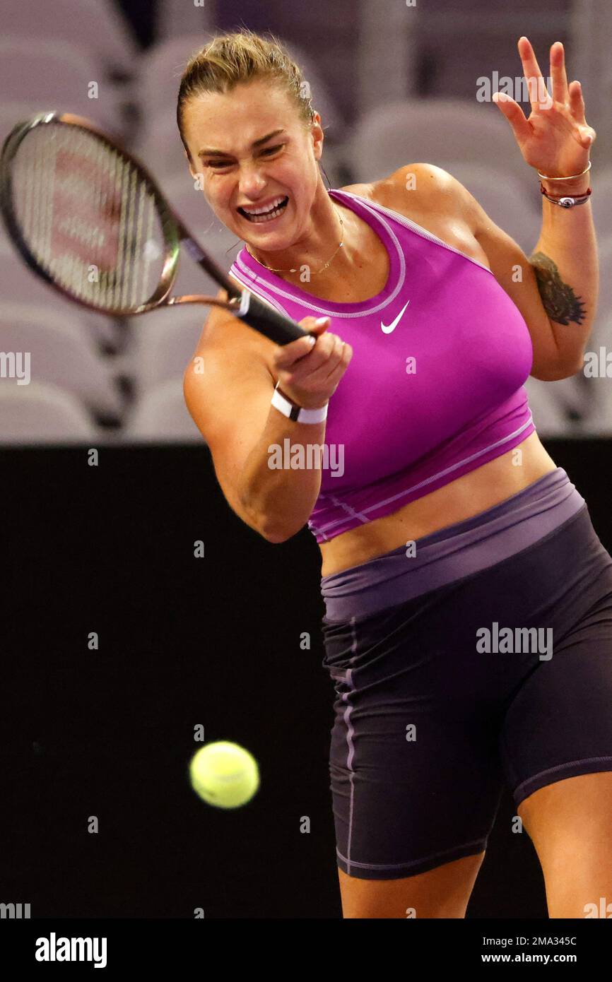 Aryna Sabalenka, of Belarus, practices at the WTA Finals tennis ...