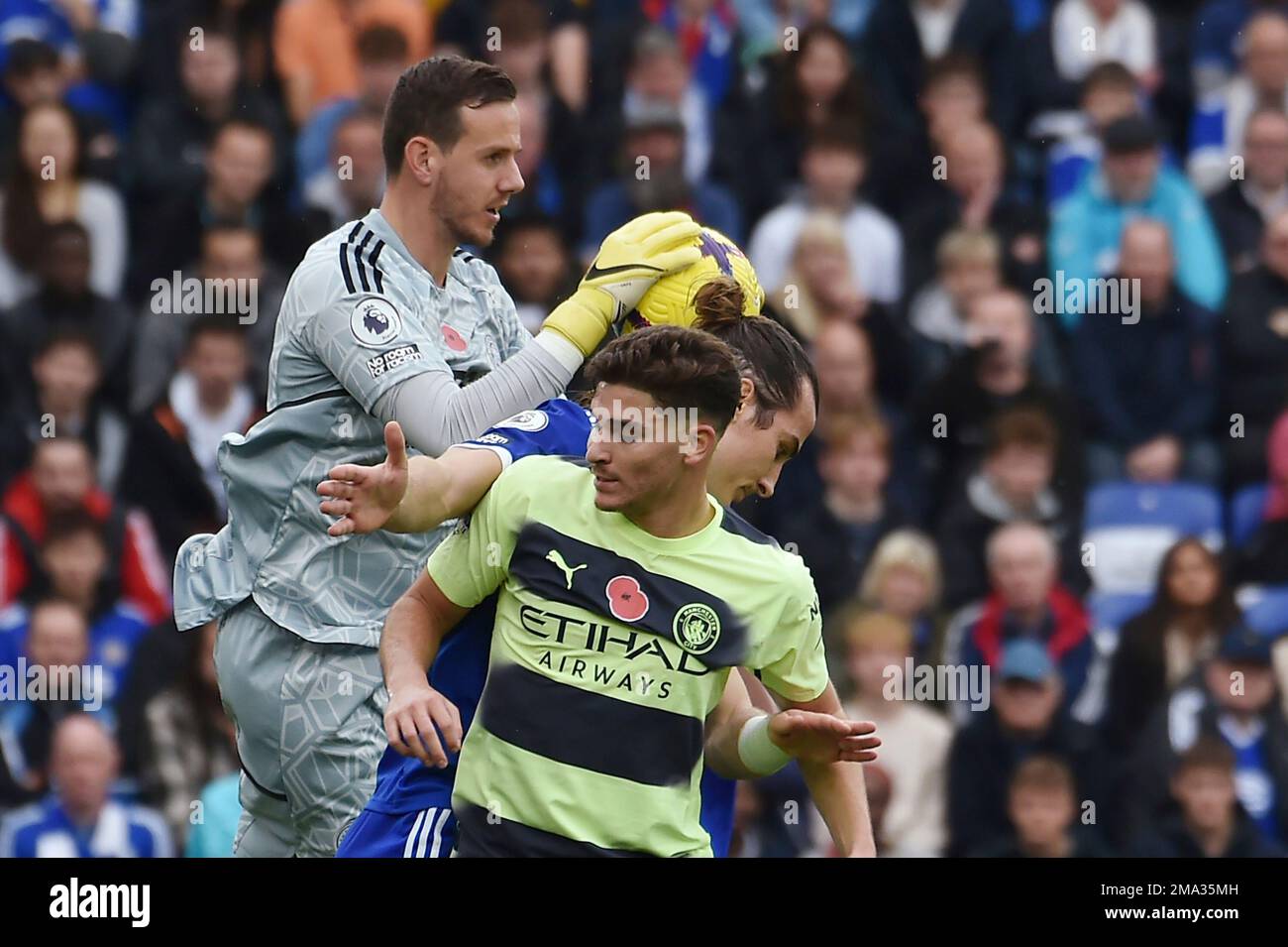 Leicester's goalkeeper Danny Ward saves during the English Premier ...