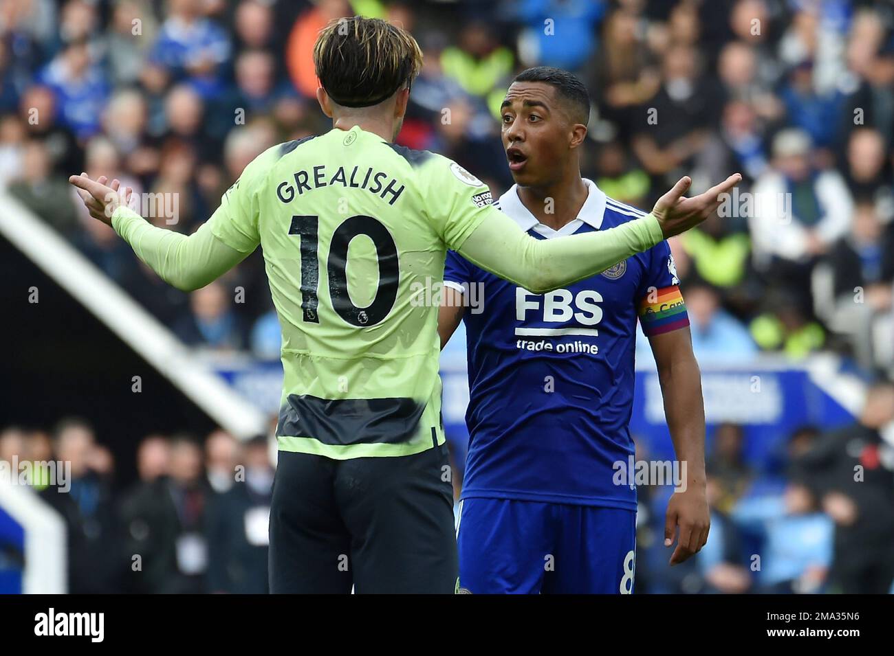 Manchester City's Jack Grealish, left, argues with Leicester's Youri ...