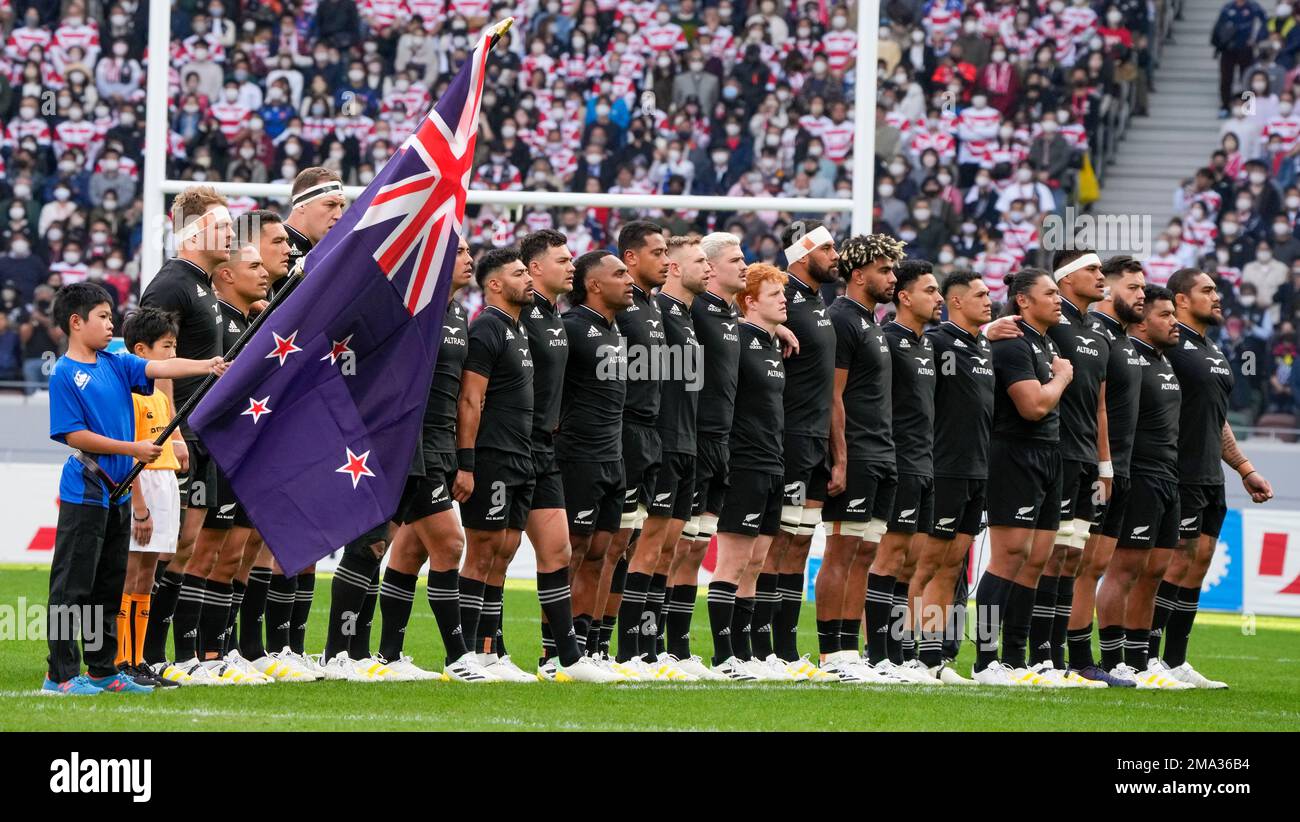 New Zealand line up for their national anthem ahead of the rugby ...