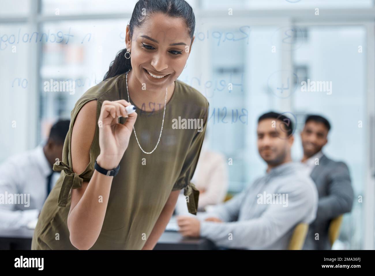 I assure you this is a foolproof plan. a young businesswoman writing ...