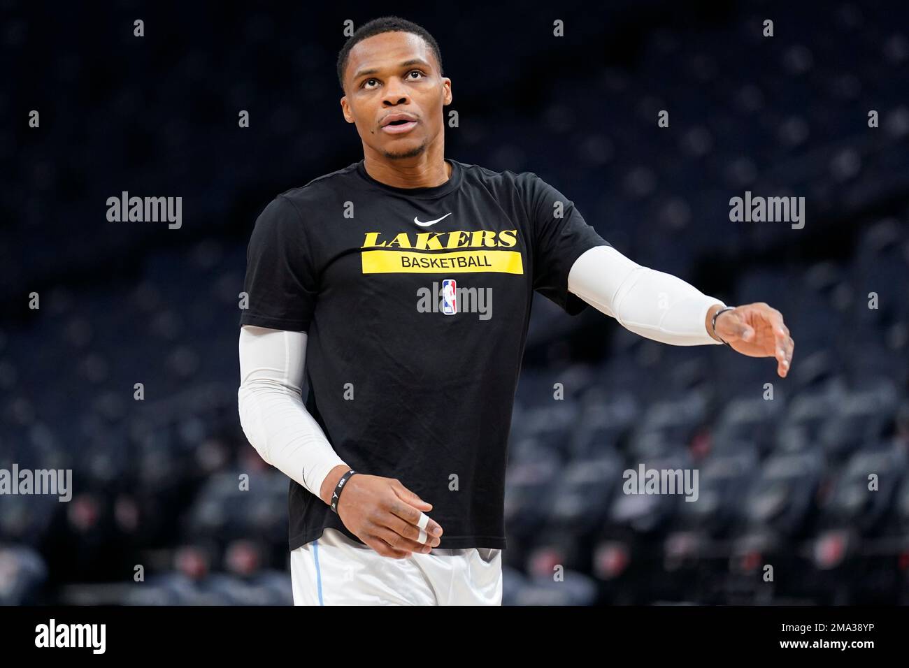 Los Angeles Lakers guard Russell Westbrook stands on the court before ...