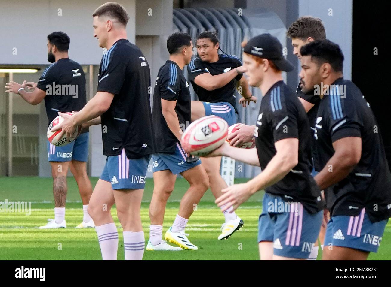 New Zealand' players warm up during the All Blacks captains run at the ...