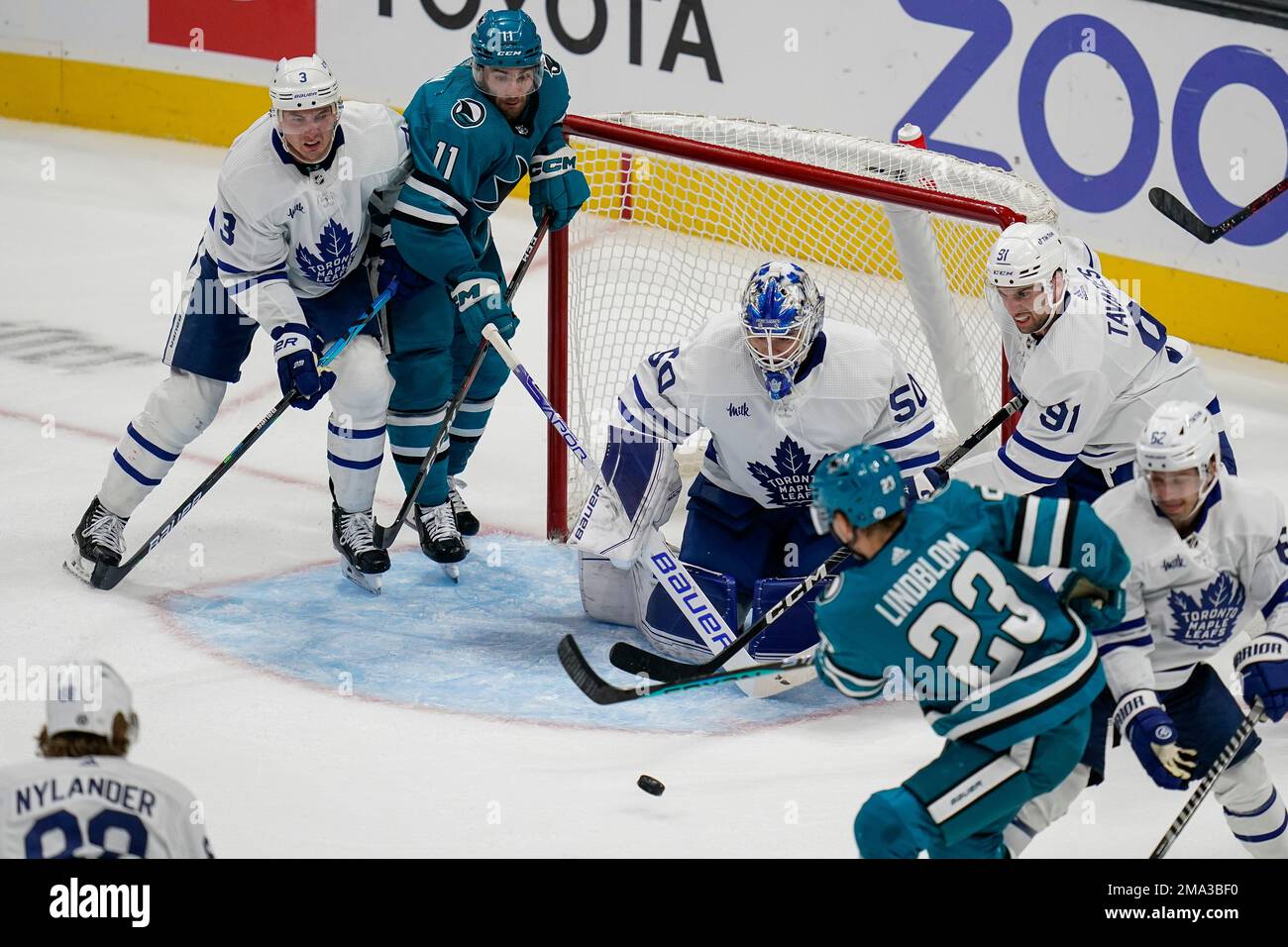 Toronto Maple Leafs goaltender Erik Kallgren (50) tracks a shot by San ...
