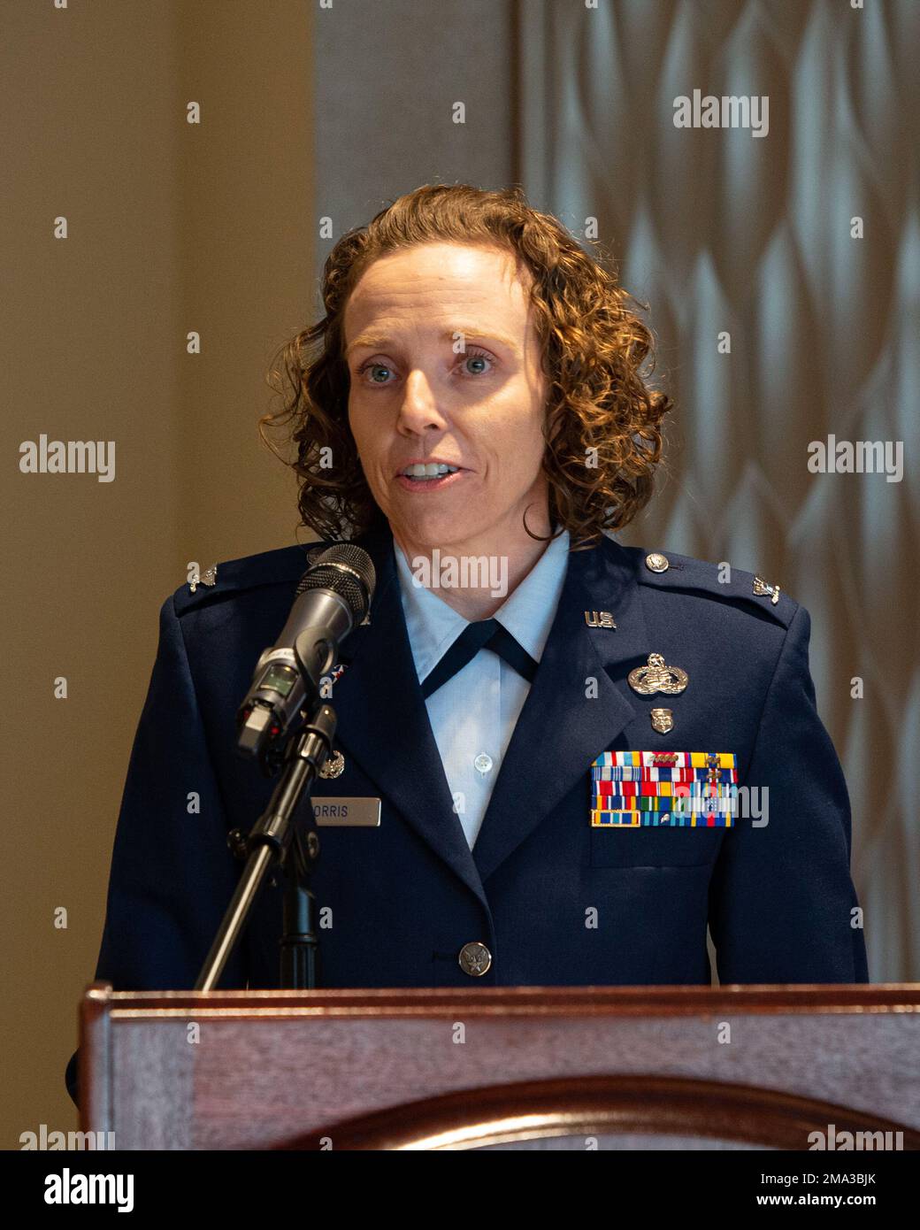 Col. Sirena Morris, 88th Mission Support Group commander, speaks at the ...