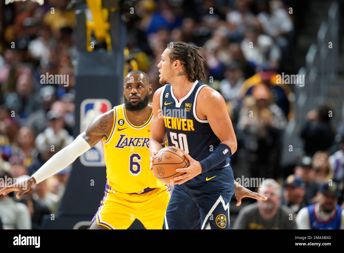 Denver Nuggets forward Aaron Gordon (50) looks to pass the ball as Los ...