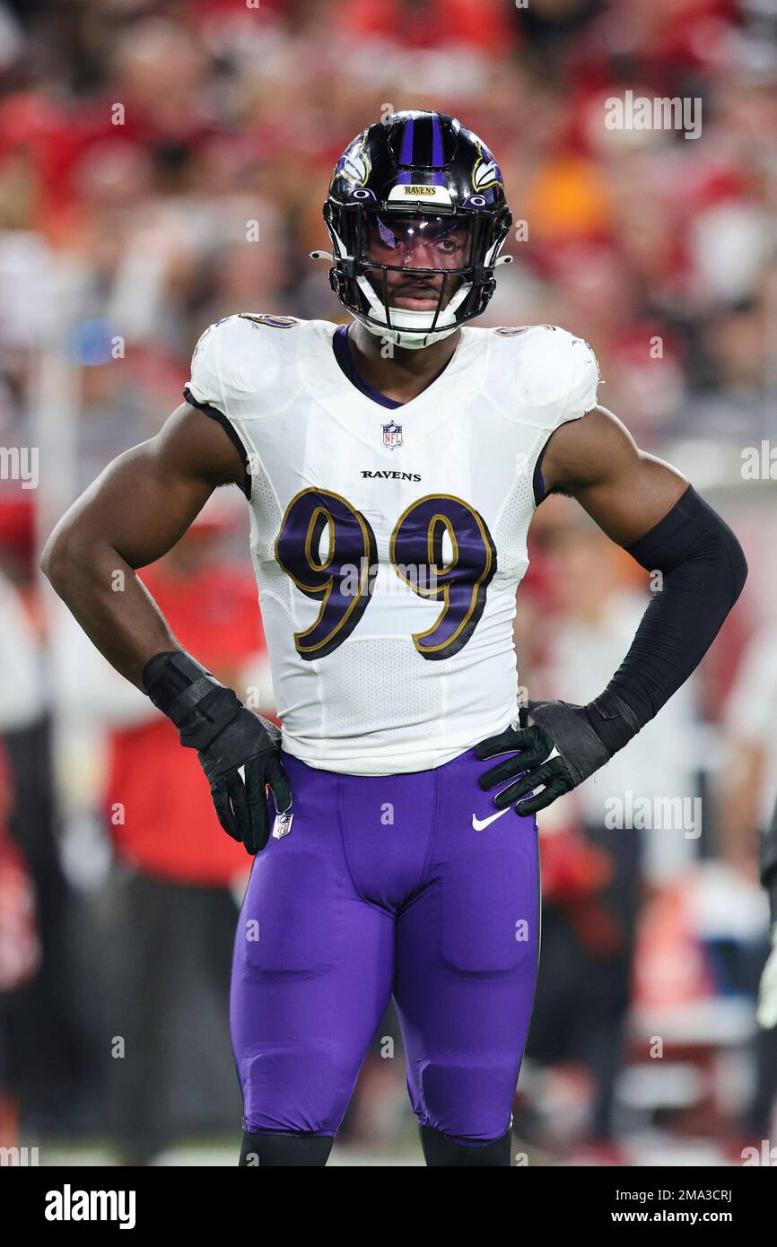 Baltimore Ravens linebacker Odafe Oweh (99) looks to the sideline ...