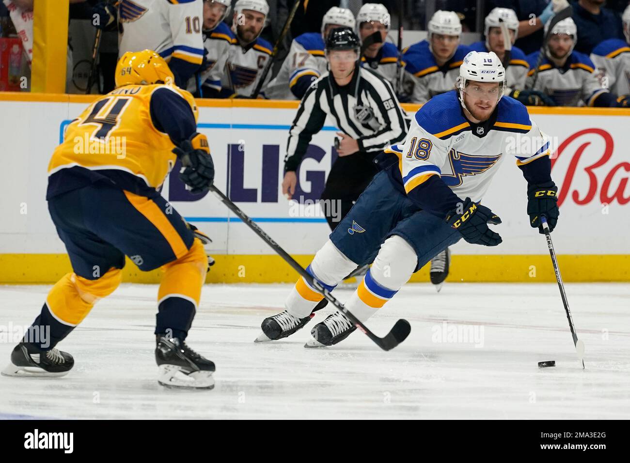 St. Louis Blues' Robert Thomas (18) moves the puck against Nashville ...
