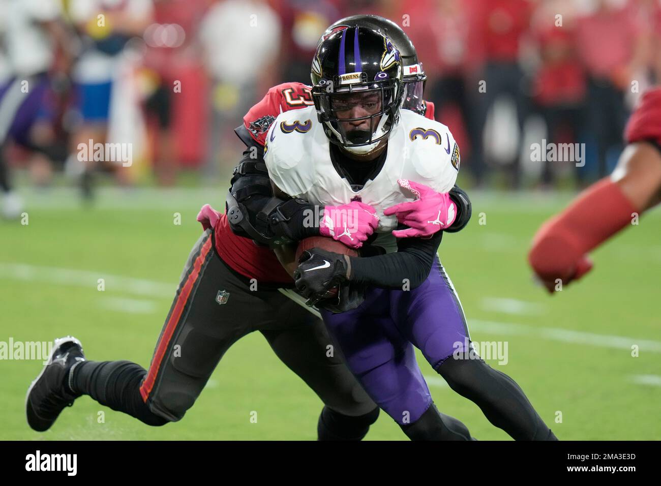 Baltimore Ravens wide receiver James Proche II (3) is stopped by Tampa ...