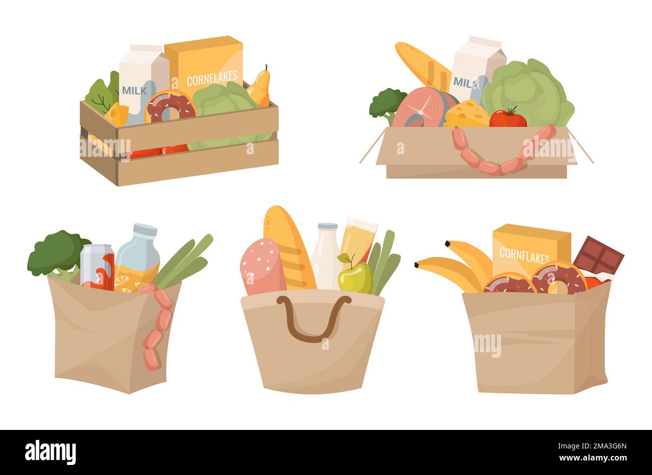 grocery set vegetables fruits corn flakes sweets and drinks in bags ...