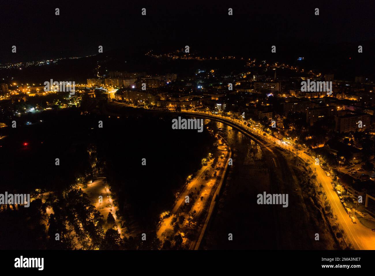 Aerial view of Cluj Napoca city by night. Urban landscape with ...