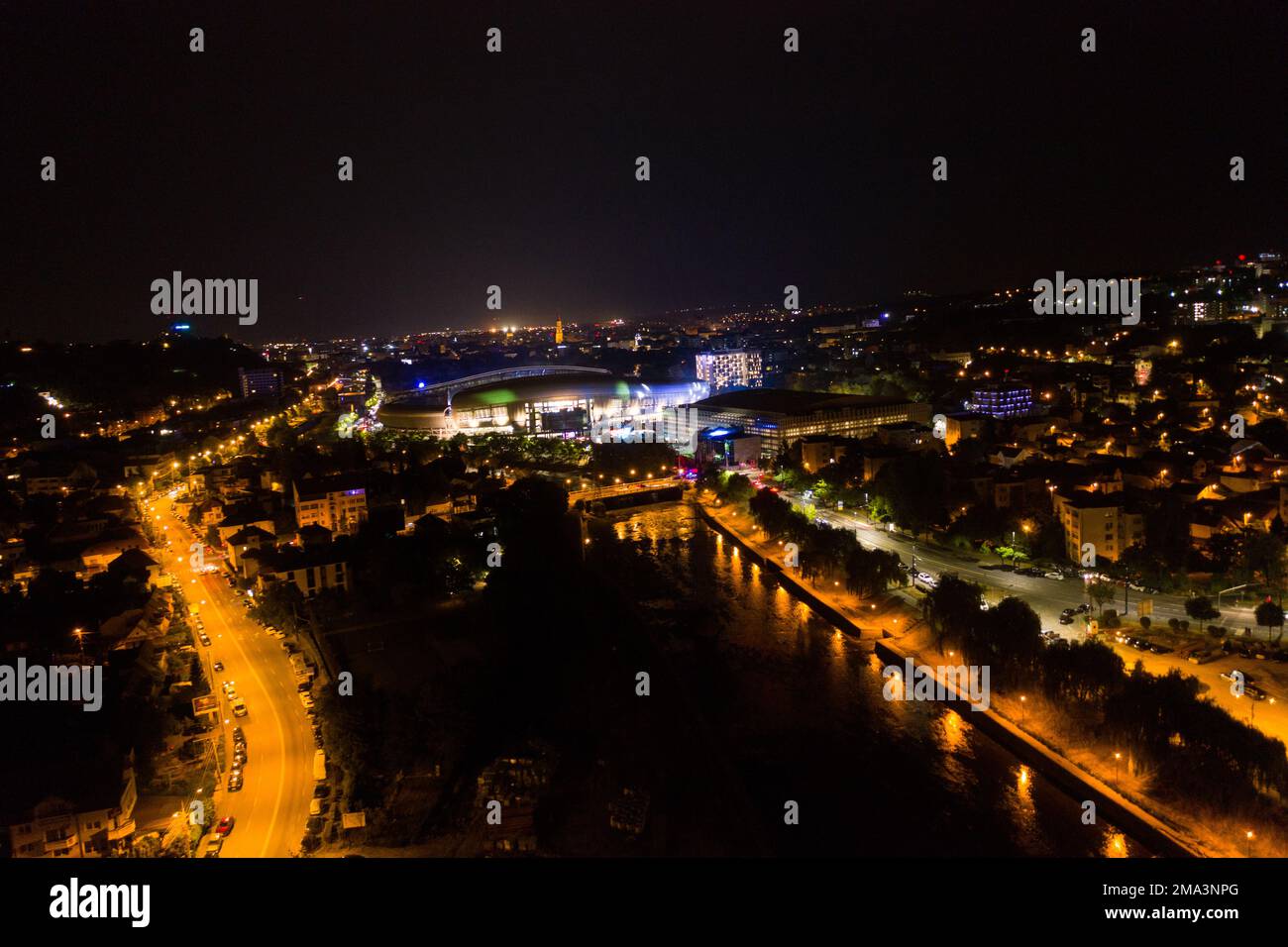 Aerial view of Cluj Napoca city by night. Urban landscape with ...