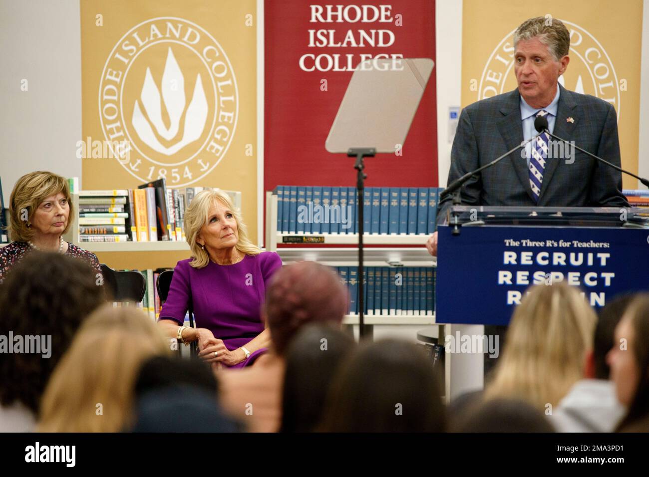 Rhode Island Gov. Dan McKee, right, speaks as First Lady Jill Biden ...