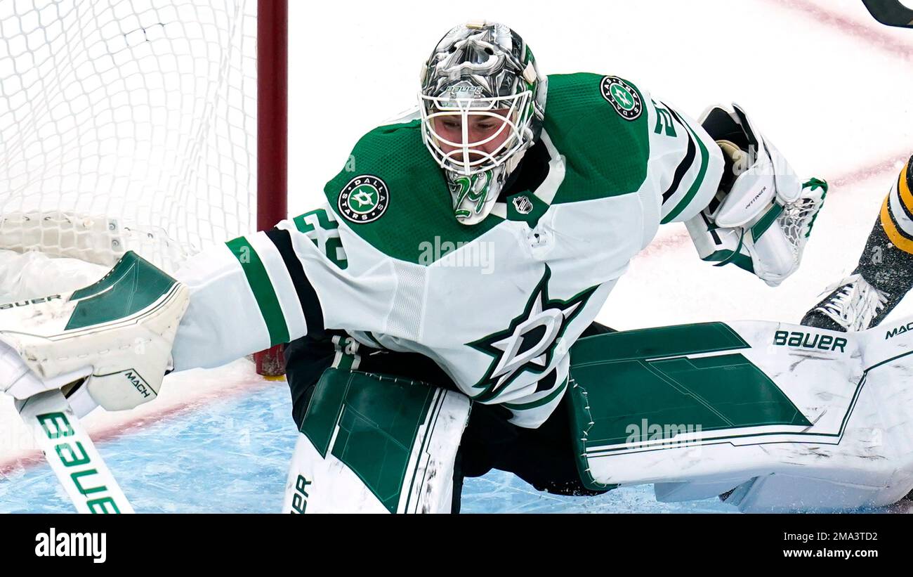 Dallas Stars goaltender Jake Oettinger (29) during an NHL hockey game ...