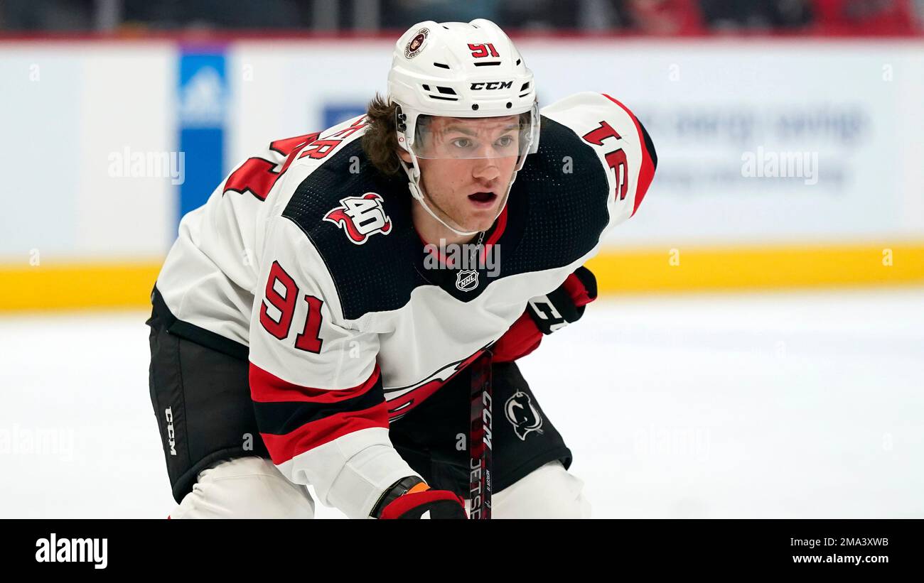 New Jersey Devils center Dawson Mercer plays during the second period ...